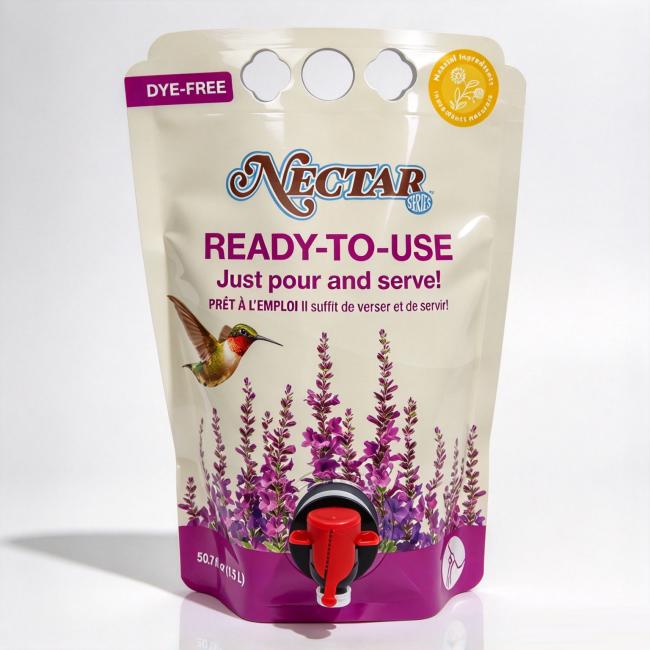Custom printed stand‑up pouch with spigot tap for hummingbird nectar liquid packaging, top handle holes food grade laminated bag
