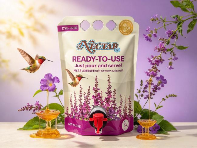 1.5L custom printed stand up tap pouch for ready‑to‑use hummingbird nectar liquid packaging with carry handle
