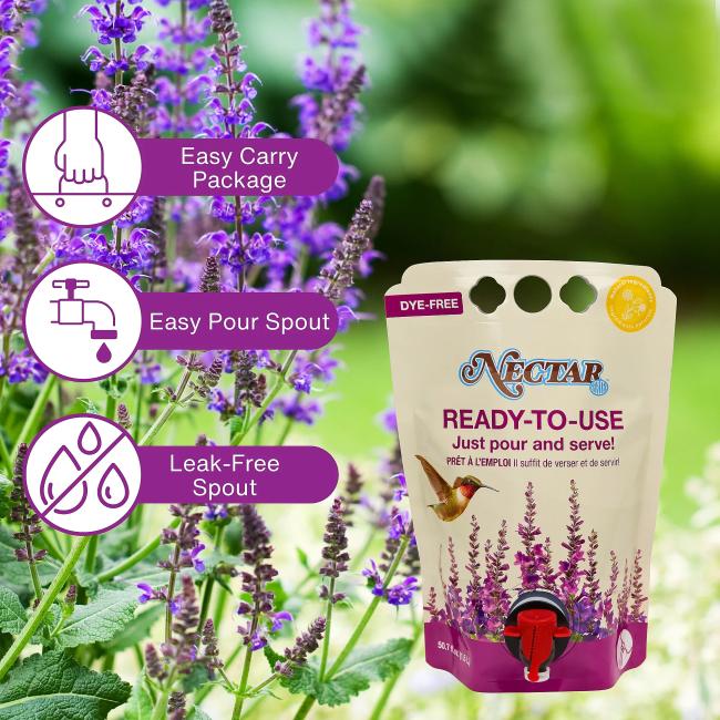 Product feature infographic for hummingbird nectar pouch: easy carry, easy pour, leak‑free dispensing spout