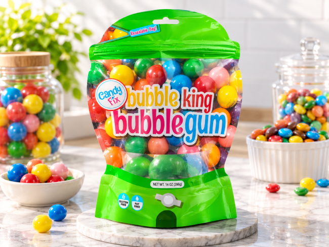 Green resealable stand up pouch with clear window for bubble king bubble gum, custom printed plastic candy packaging bag for confectionery