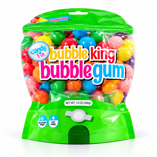 Custom printed green stand up doypack with hang hole, resealable zipper candy bag for colorful bubble gum balls, food grade packaging pouch