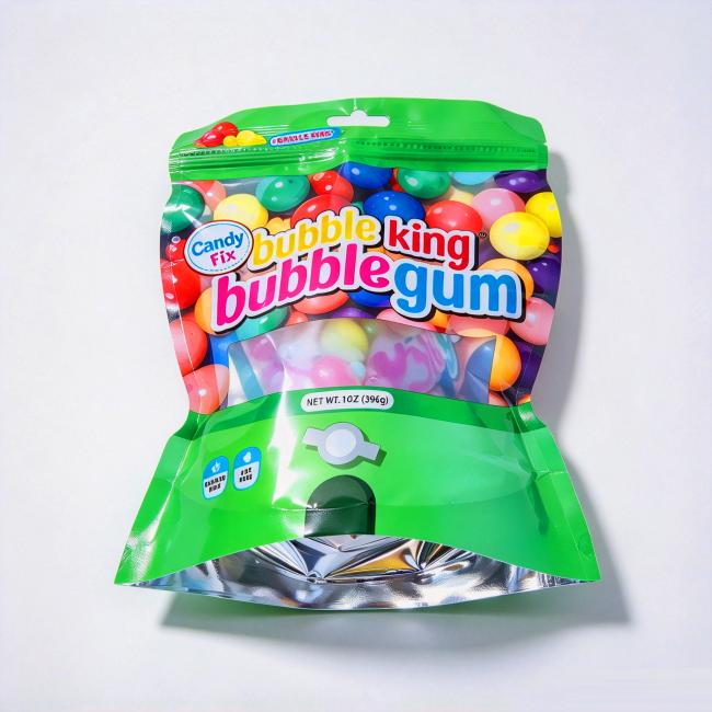 Bottom view of green stand up candy pouch, inner aluminum foil layer for bubble gum storage, custom printed food packaging bag