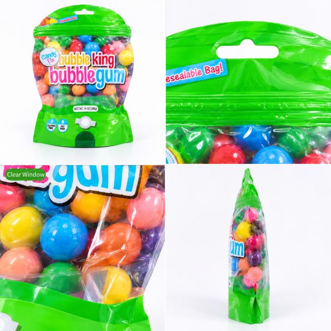 Multi view collage of custom bubble gum stand up pouch, showing front, zipper, window and side profile, candy packaging details