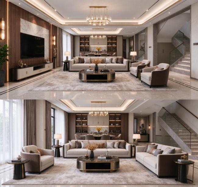 Contemporary villa bedroom furniture featuring upholstered bed and nightstands