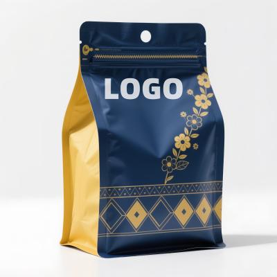 China Custom Printed Logo 8 Side Seal Food Snack Packaging Aluminum Plastic Zipper Stand Bag Flat Bottom Coffee Beans Tea Bag for sale