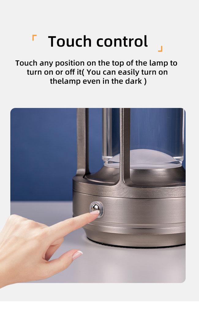 Silver LED desk lamp showing touch controls