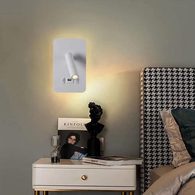 Close-up view of LED wall sconce with button switch