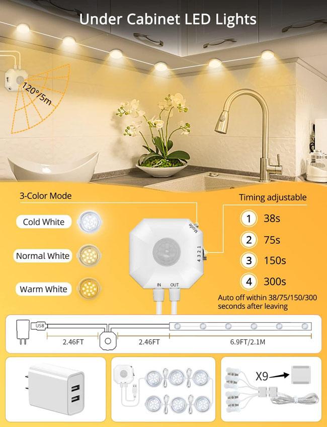 LED motion sensor light installed in cabinet
