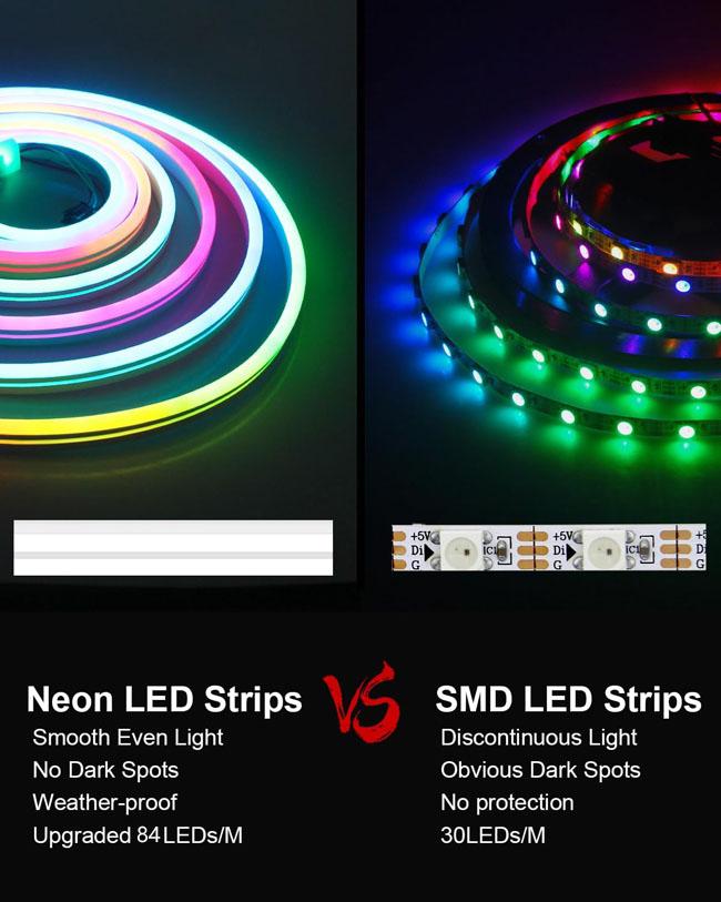 Flexible LED neon light tube showing bendability and installation