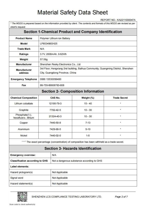 MSDS - Shenzhen Resky Electronics Co., Ltd.
