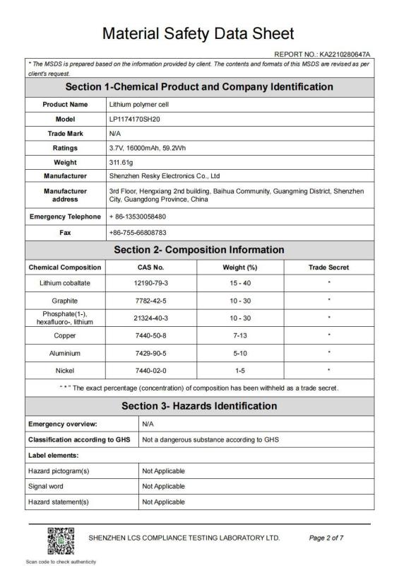 MSDS - Shenzhen Resky Electronics Co., Ltd.