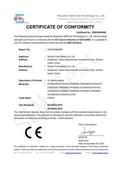 CE - Wuhan Forte Battery Co;ltd