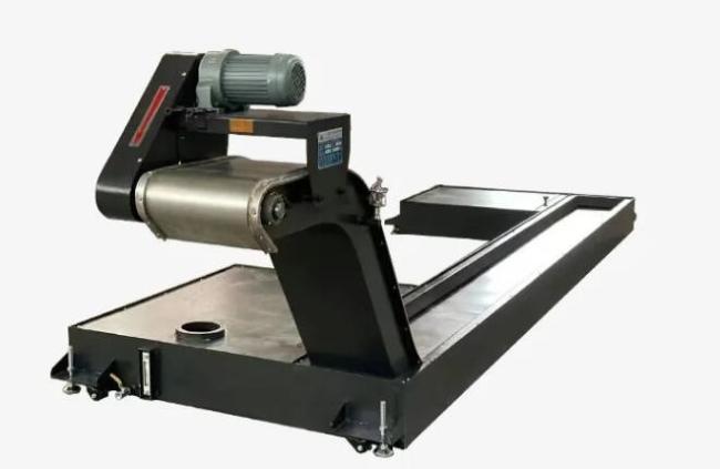 Close-up view of CNC machine chip conveyor