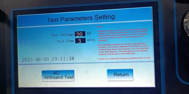 VLF hipot tester operation screen