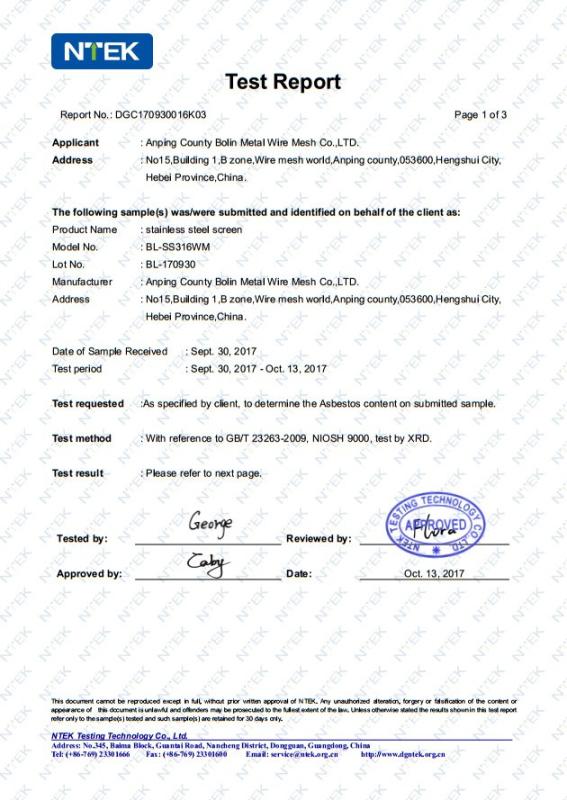 Asbestos Free Certificate - Anping County Bolin Metal Wire Mesh Co.,Ltd