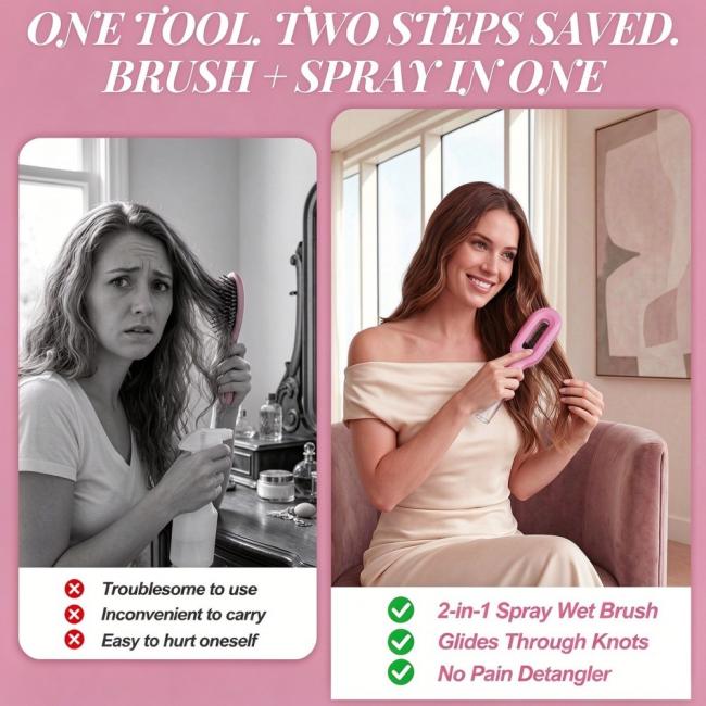 2-in-1 Hair Brush with Spray Bottle - In Use