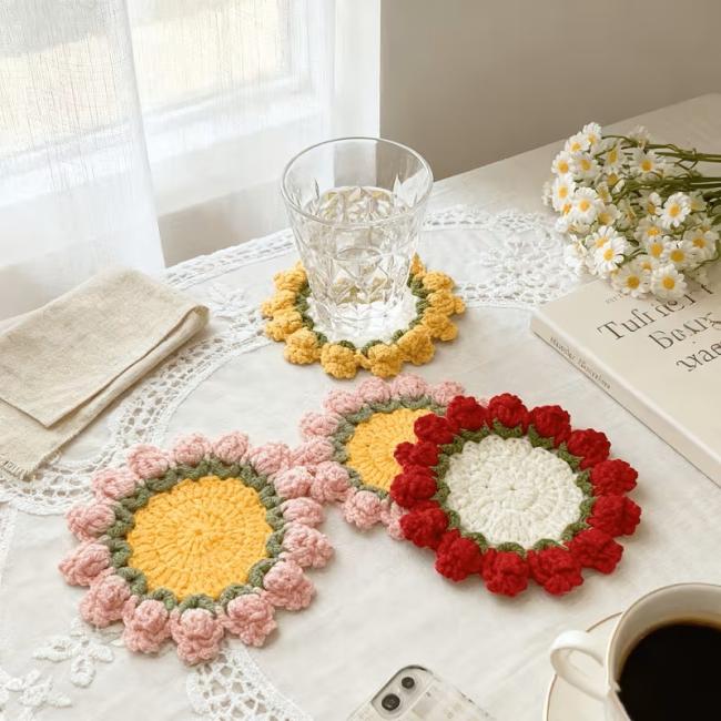 Crocheted flower coaster bouquet design