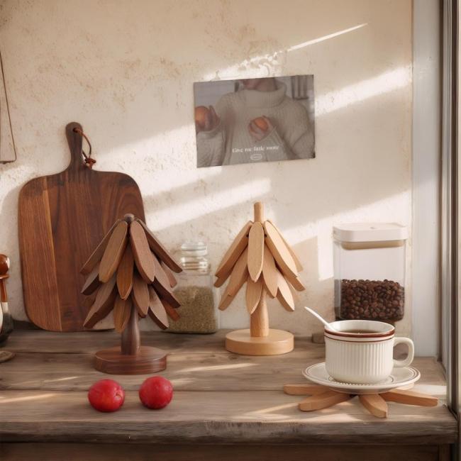 Wooden Christmas tree trivet set with four foldable trivets and holder, natural wood color