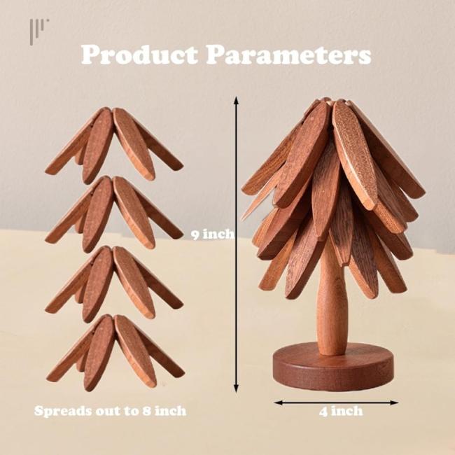 Wooden tree trivet set in use holding hot pots and pans on a kitchen counter