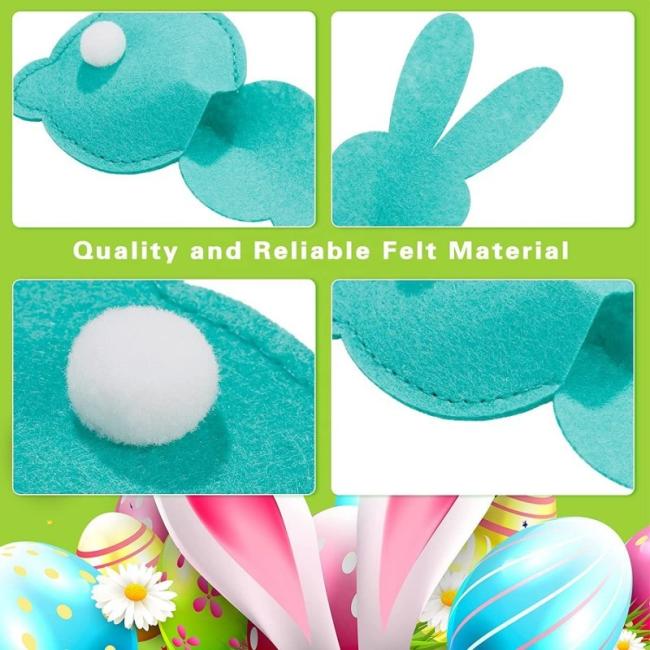 Easter table setting featuring multiple felt rabbit tableware organizer bags in blue, pink, green and yellow