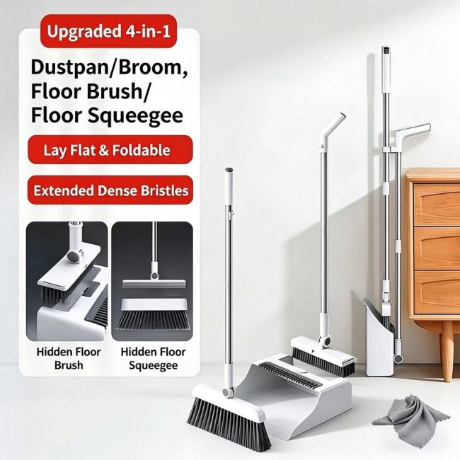 4-in-1 standing broom and dustpan cleaning set with long handle and soft bristles