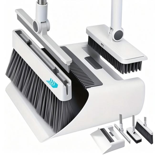 Tilted dustpan with built-in scraper for collecting hair and dust