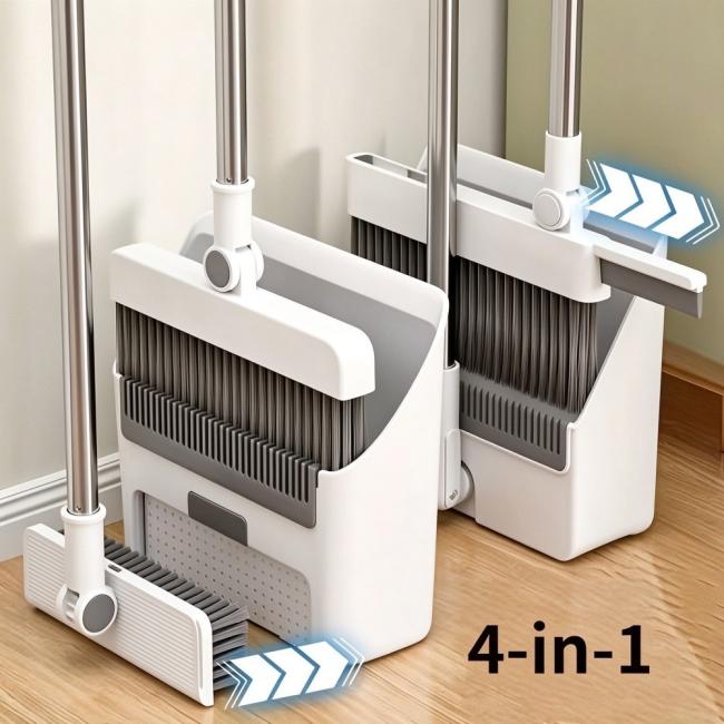 Folded broom and dustpan set stored upright in a corner for space-saving storage