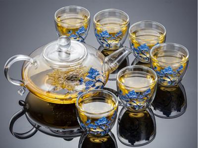 China 7pcs ajustou a pintura azul de Poeny do bule de vidro alto do Borosilicate 600ML à venda