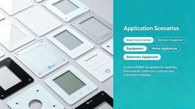 Infographic showing application scenarios for custom printed acrylic control panels in various industries
