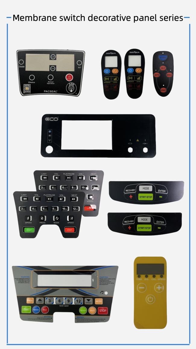 Collection of custom PET and PC membrane switch decorative panels and graphic overlays for electronic instrument control interfaces