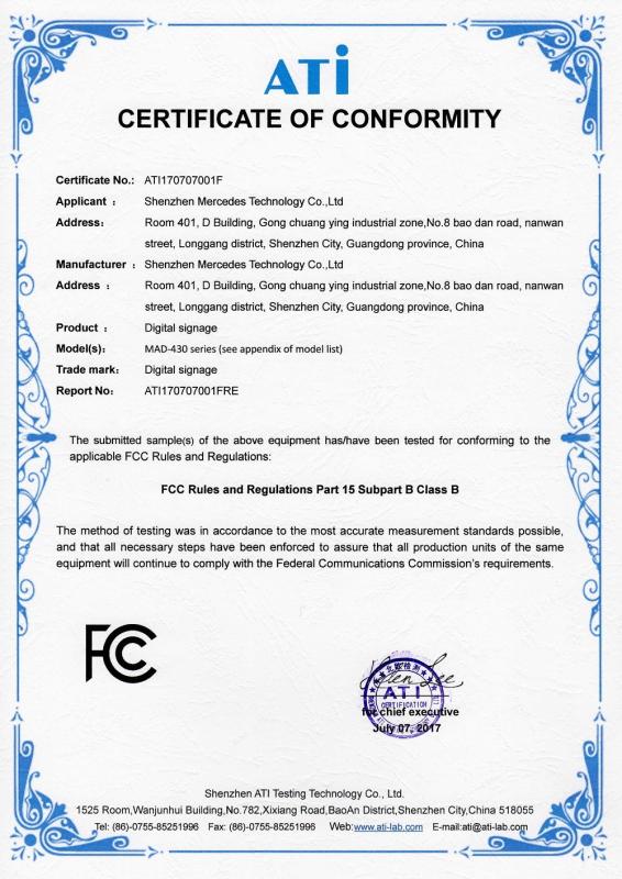 FCC certificate - Shenzhen MercedesTechnology Co., Ltd.