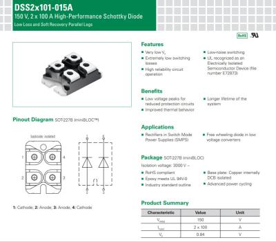 Китай DSS2x101-015 Высокопроизводительные диоды Schottky с низкими потерями и мягкой рекуперацией продается