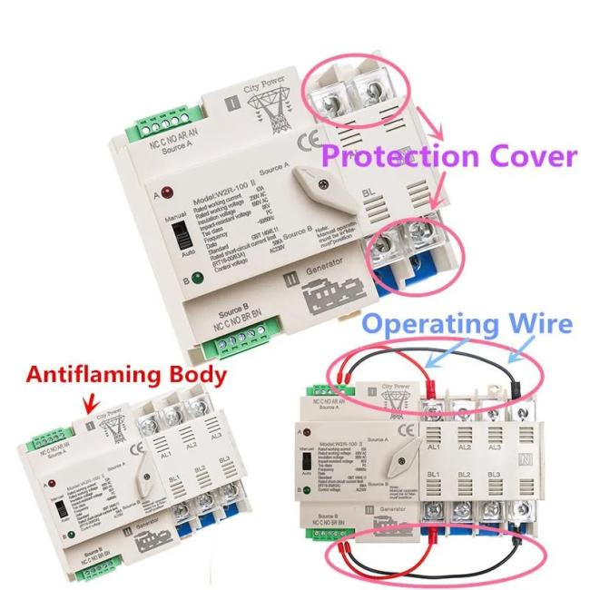 DIN Rail Dual Power 3 Phase Automatic Transfer Switch ATS 63A Generator Changeover Switch with Fire Resistant Protection