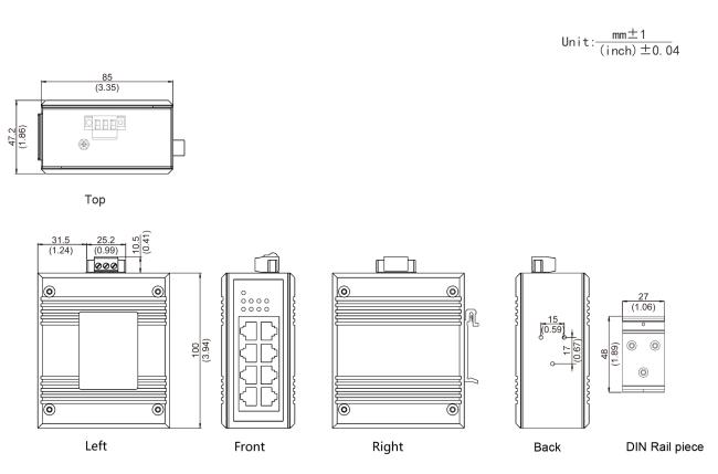 Mechanical dimension drawing of the 8-port industrial Ethernet switch