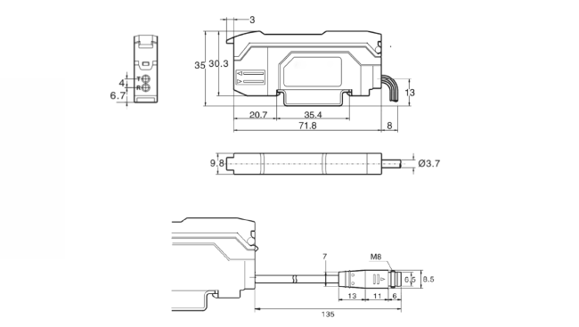 Detailed dimension diagram of Digital Optical Fiber Sensor showing all measurements