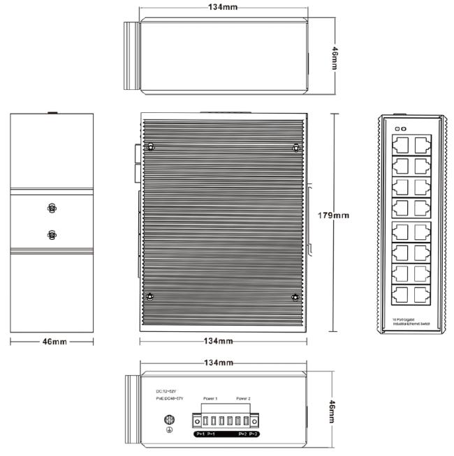 Mechanical dimension drawing of UE-16TC/L industrial Ethernet switch