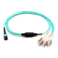 Quality Female to 4 LC Duplex MPO Breakout Cable 8 Fibers OM3 OFNR Aqua Jacket for sale