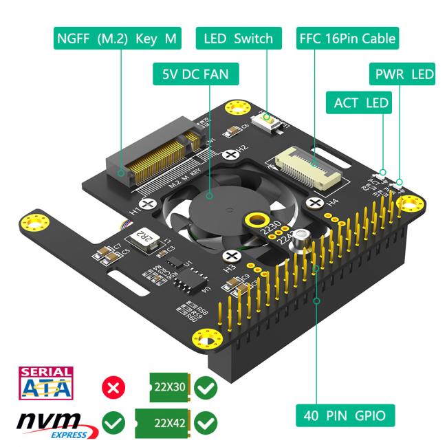 M.2 NVMe Raspberry Pi Adapter with components