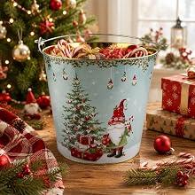 Christmas Santa Claus and Reindeer Metal Bucket with Handle