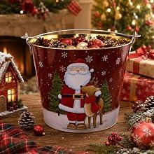 Christmas Santa Claus and Reindeer Metal Bucket with Handle