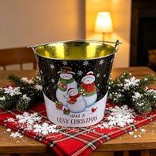 Christmas Santa Claus and Reindeer Metal Bucket with Handle