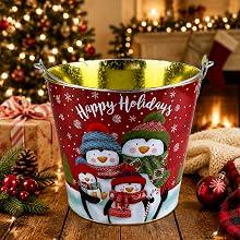 Christmas Santa Claus and Reindeer Metal Bucket with Handle