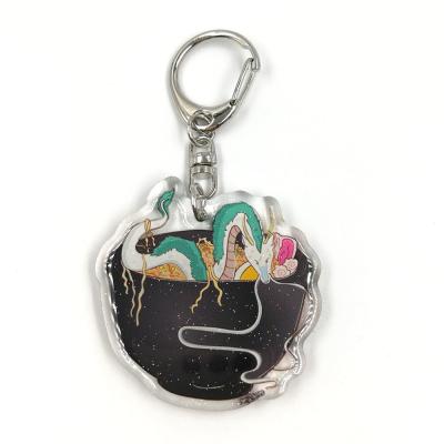 Cina Promotional Epoxy Custom Printed Laser Cut Cartoon Clear Acrylic Plastic Charms Key chain with Glitter in vendita