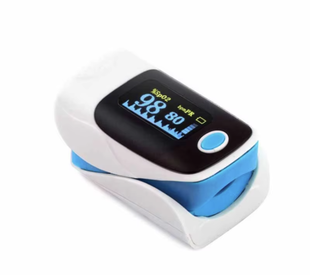 Close-up of pulse oximeter display showing readings