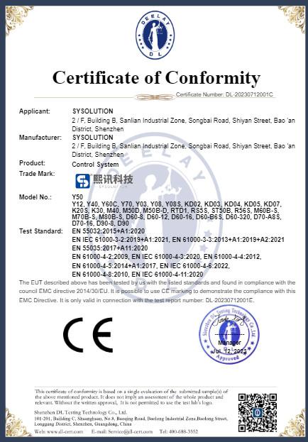 Certificate of Conformity-CE-Main Controller - Shenzhen Xixun Cloud Technology Company Limited