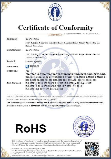 Certificate of Conformity-RoHS-Main Controller - Shenzhen Xixun Cloud Technology Company Limited