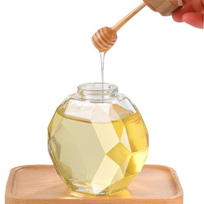 China H11.7cm Diamond Shape Honey Jar 500ml Amber Glass Jar Wooden Lid à venda