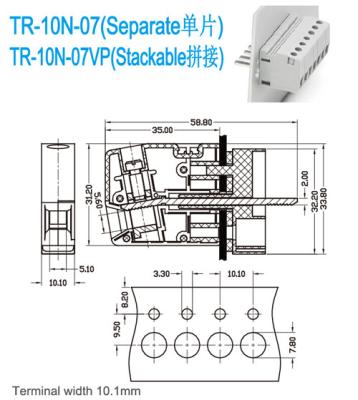 China Alimentação de bronze de UL94-V0 300V 65A com a largura dos blocos de terminais M4 PA66 10.1mm à venda