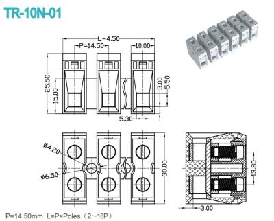 China Terminalanschlussleiste 2-16 Polen 600V 65A PA66 der Neigungs-14.5mm zu verkaufen