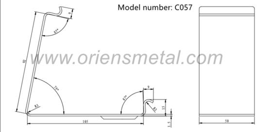 C057 crate clip drawing: 105 mm and 92 mm, 50 mm width, 1.5 mm sheet thickness